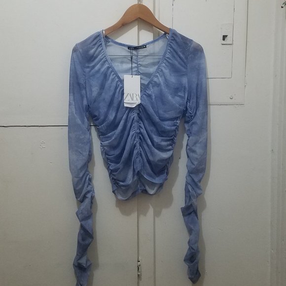 Zara | Tops | Nwt Shades Of Blue Draped Printed Tulle Top | Poshmark